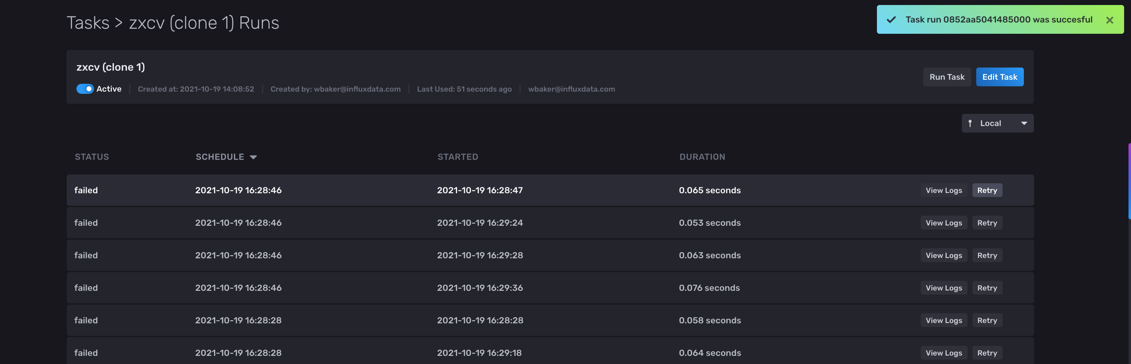 Retrying a failed task says "Task run [....] was successful" even if the retried task run will ...