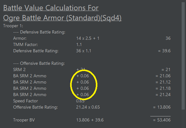 [0.49.11] Bug: Battle armour ammo BV calculation based on slots instead ...
