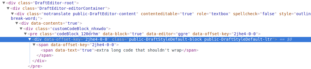 DraftEditorBlock's `pre-wrap` overrides any white-space style returned from `blockStyleFn ...