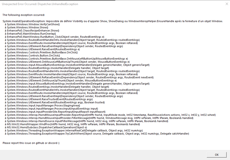 unexpected error occurred: Dispatcher.UnhandledException · Issue #203 · ChaosRecipeEnhancer ...