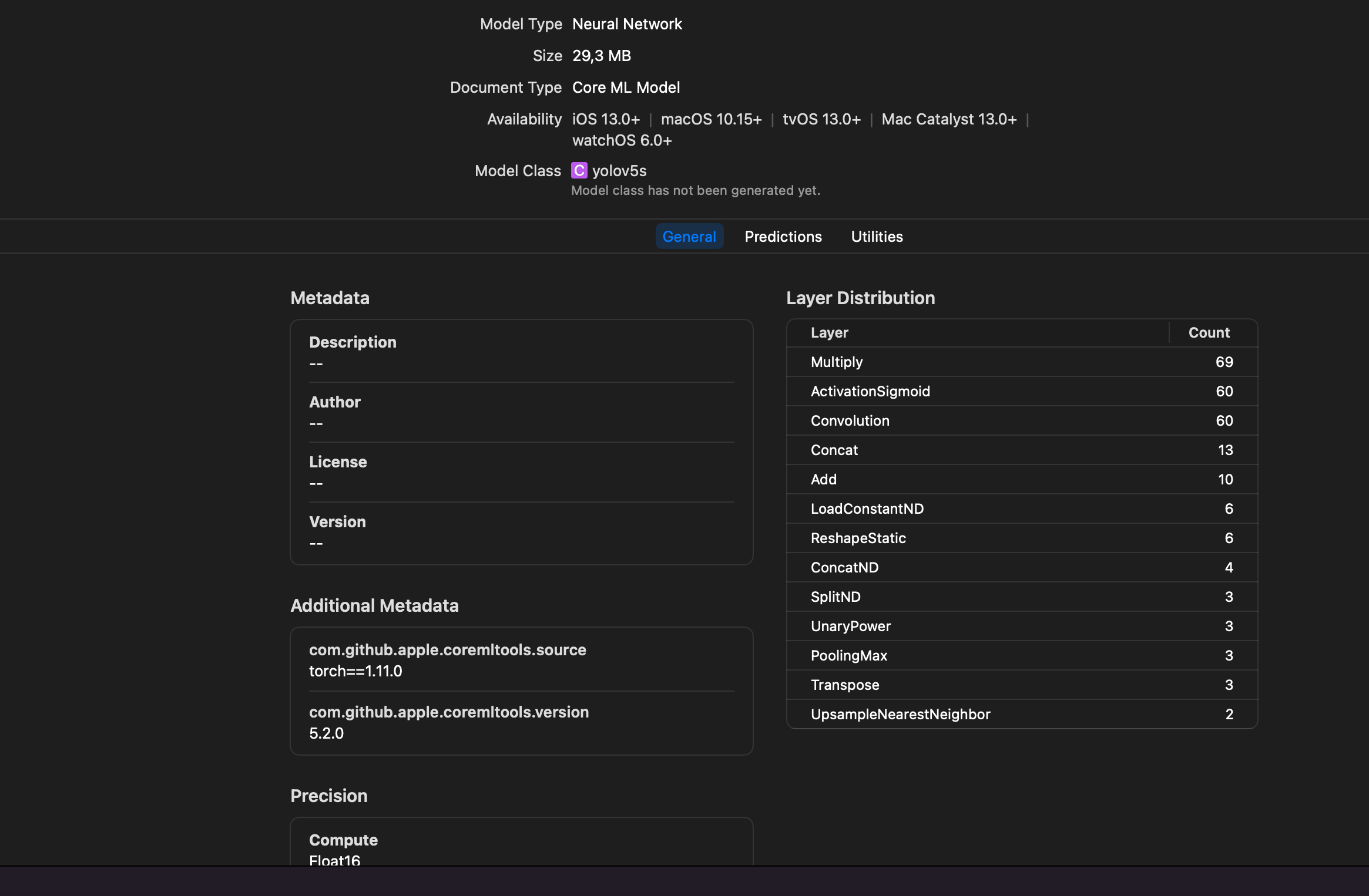 Exporting trained model to coreML missing metadata · Issue #7284 · ultralytics/yolov5 · GitHub