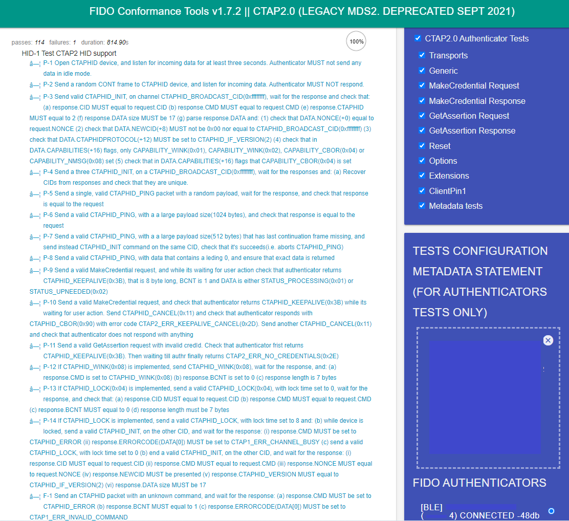 FIDO Conformace V1.7.0 || CTAP 2.0 || BLUETOOTH || Timeout of 60000ms ...