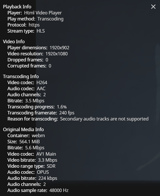 Selecting a secondary audio stream in a webm/mp4/mkv containing a av1 ...