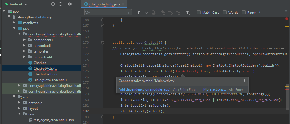 cannot resolve symbol 'MainActivity' · Issue #1 · abhi007tyagi/Android_Dialogflow_Chatbot ...
