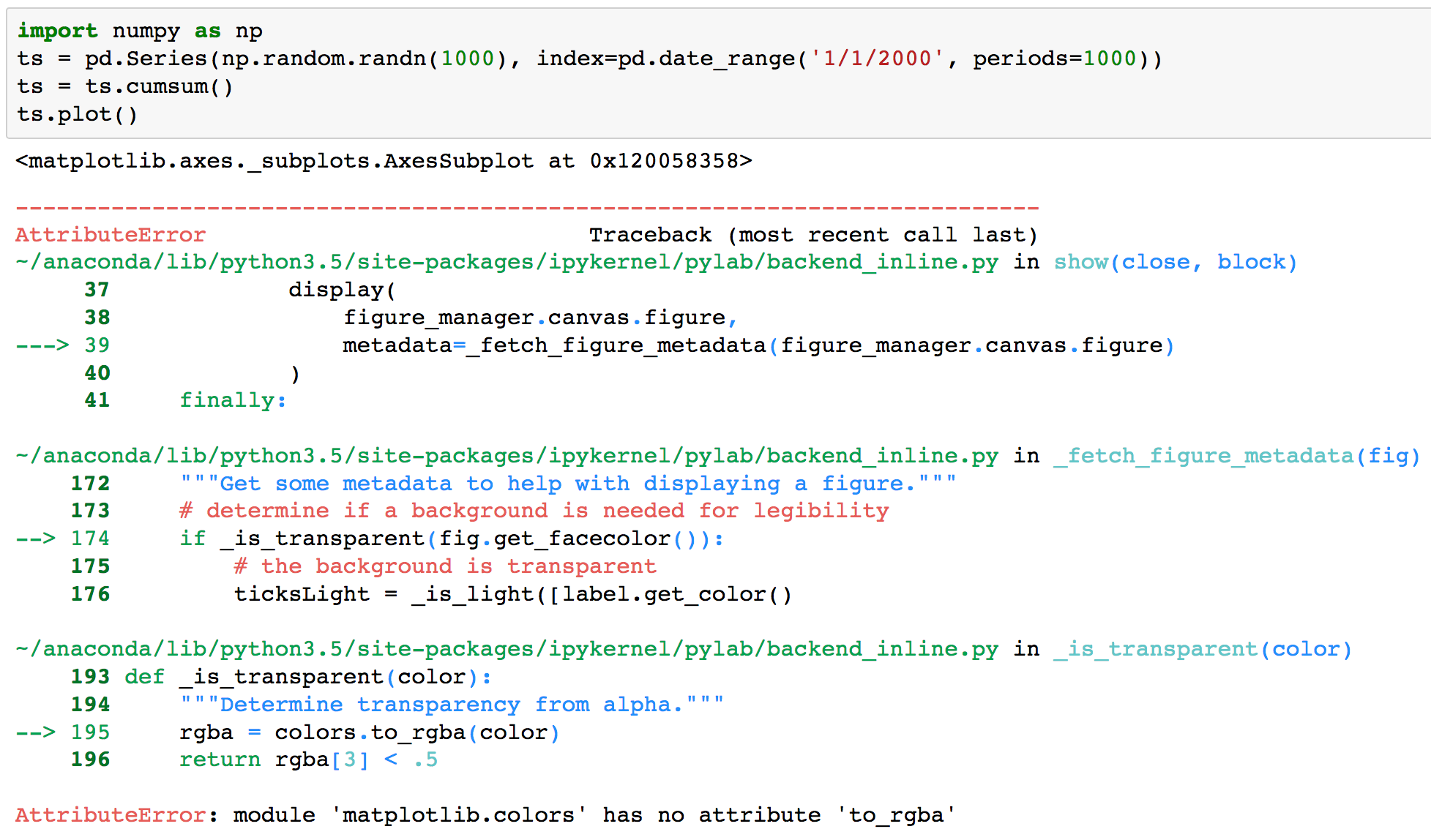 'module' object has no attribute 'to_rgba' when plotting histograms ...