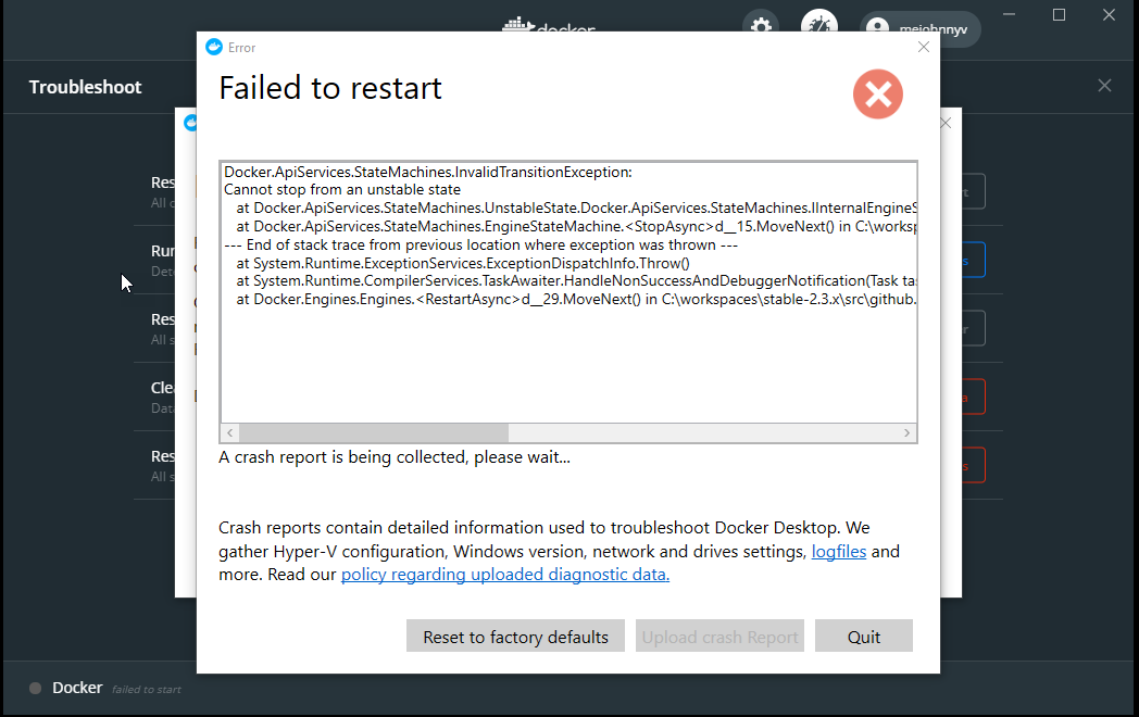 Failed To Restart Issue 7363 Docker for win GitHub