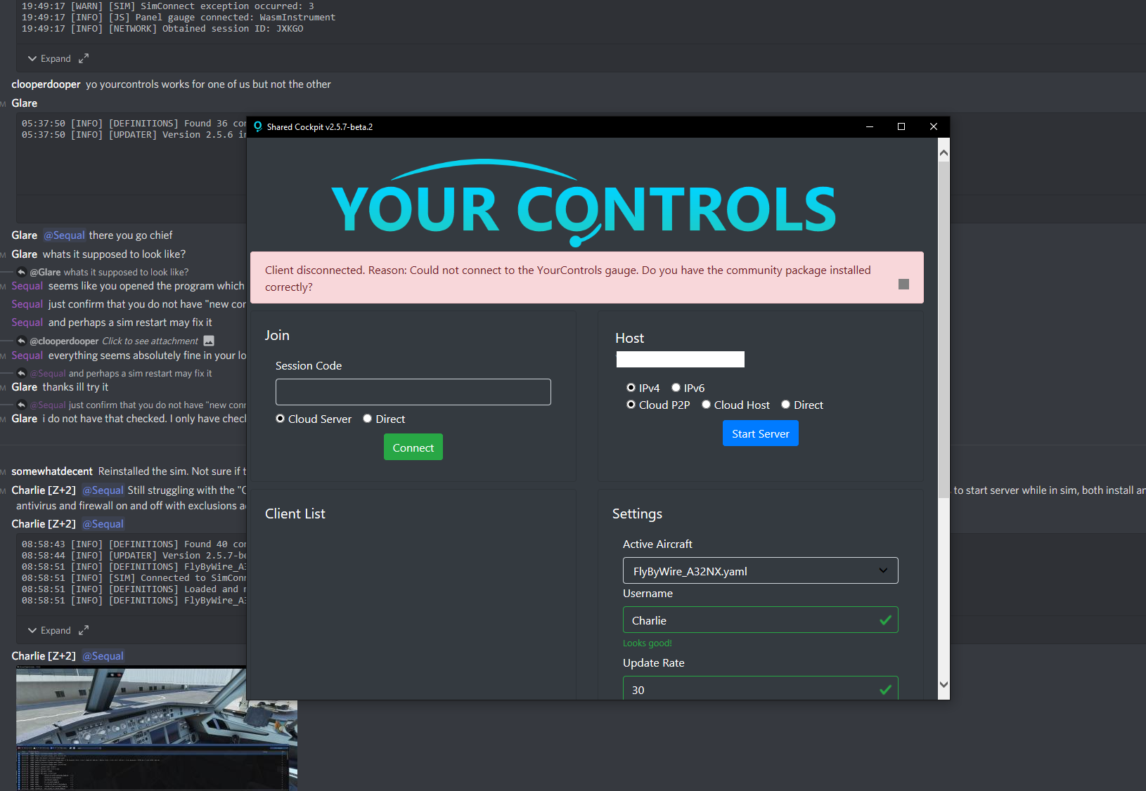 [BUG] Client disconnected. Could not connect to the YourControl gauge · Issue #91 · Sequal32 ...