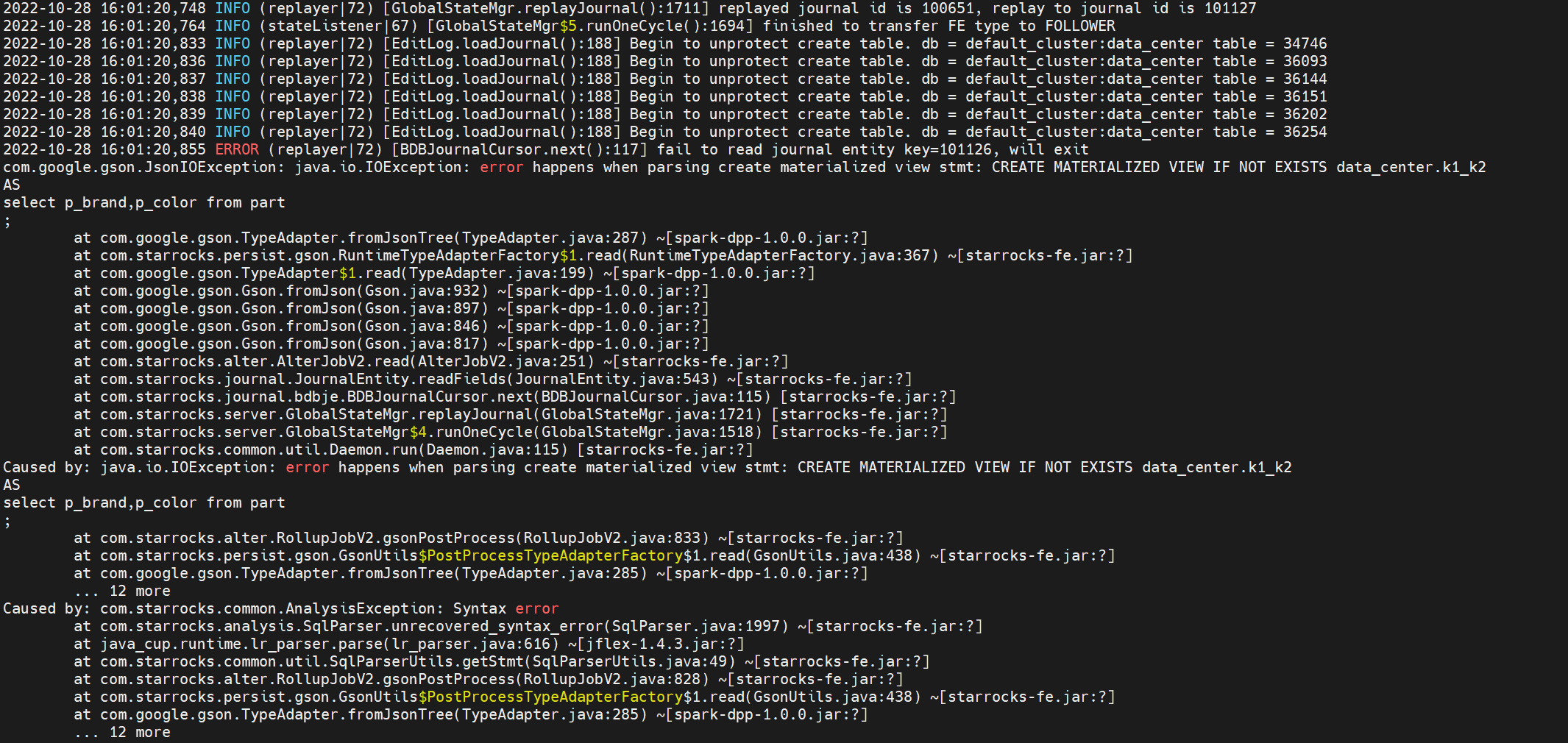 创建物化视图导致整个FE启动不了 · Issue #12644 · StarRocks/starrocks · GitHub
