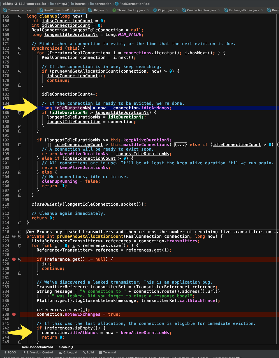 idleDurationNs in cleanup function in RealConnectionPool will always equal to ...