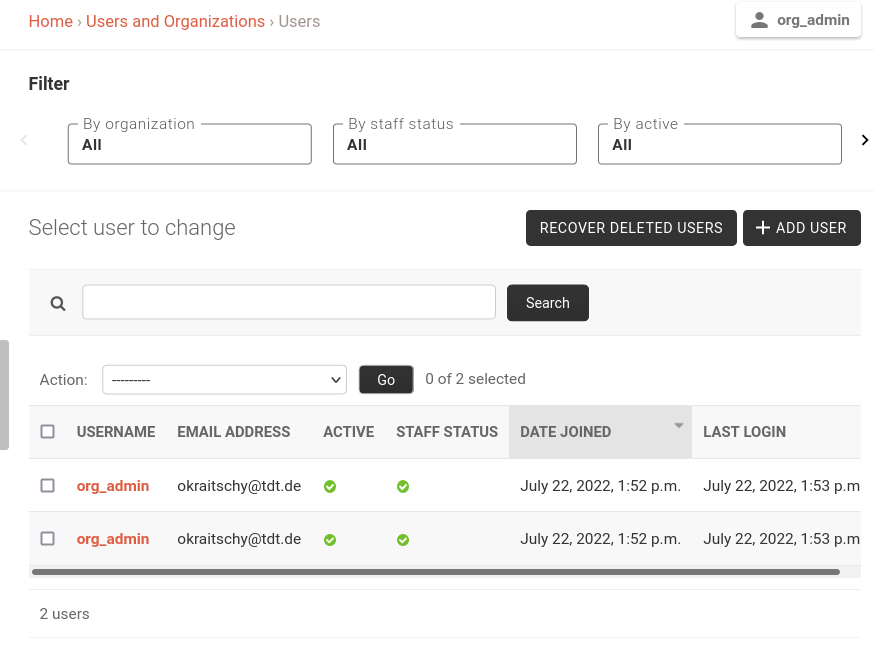 [bug] User in 2 organizations sees his user listed twice if not superuser · Issue #324 ...