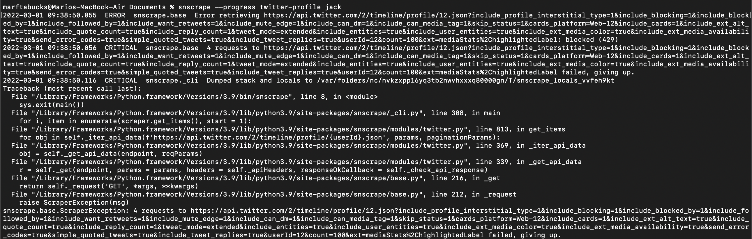 Cannot use 'twitter-profile' for scraping · Issue #417 · JustAnotherArchivist/snscrape · GitHub