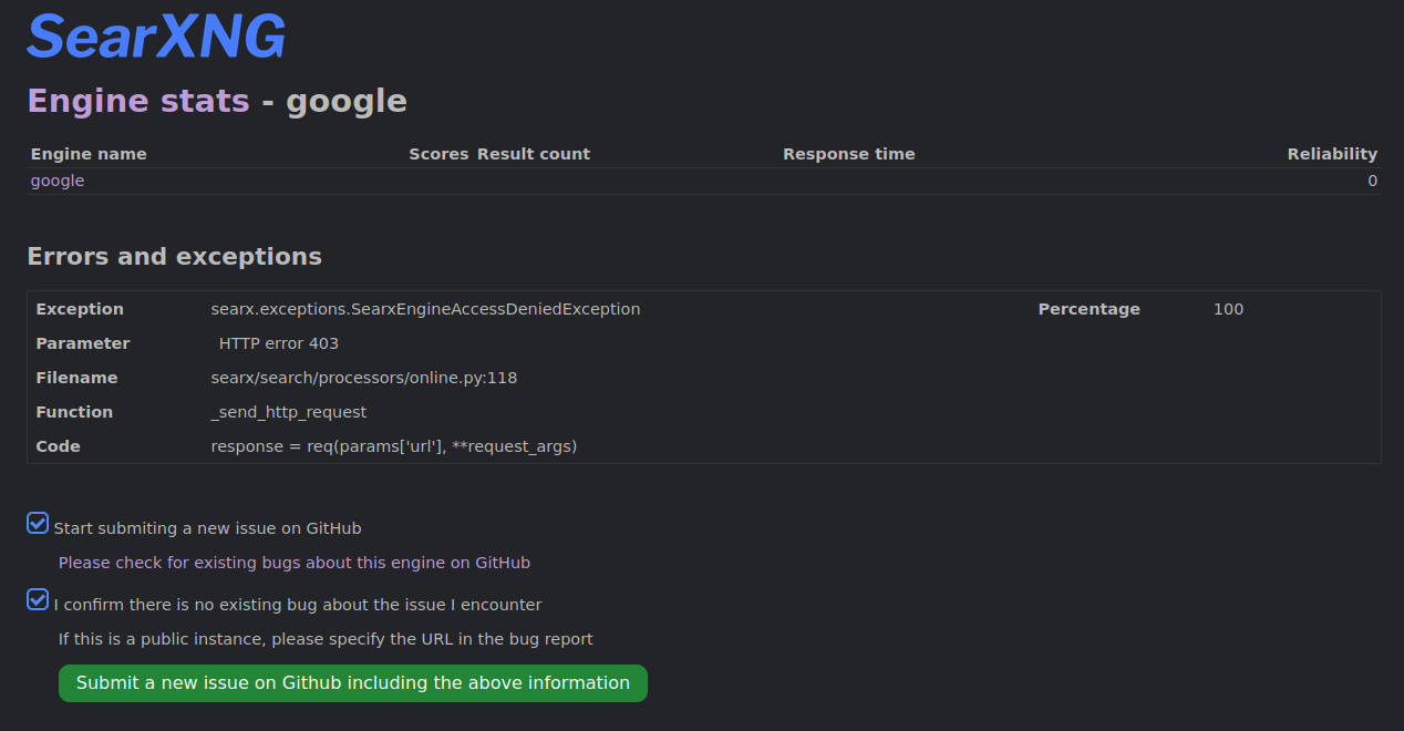 Bug: google engine --> SearxEngineAccessDeniedException · Issue #2972 · searxng/searxng · GitHub