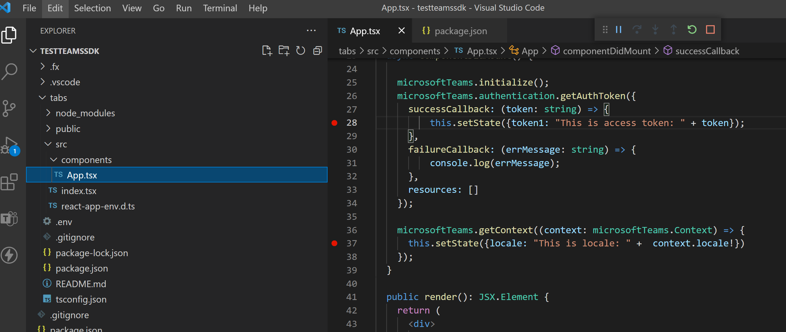 Break point inside getAuthToken would make microsoftTeams.getContext ...