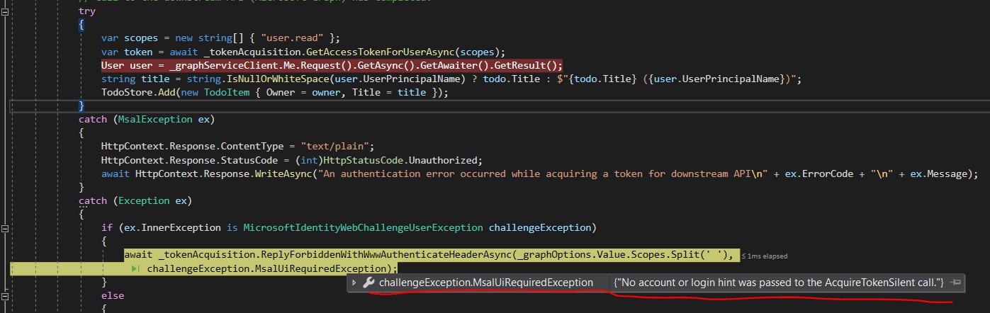 "No account or login hint was passed to the AcquireTokenSilent" exception would throw if call ...