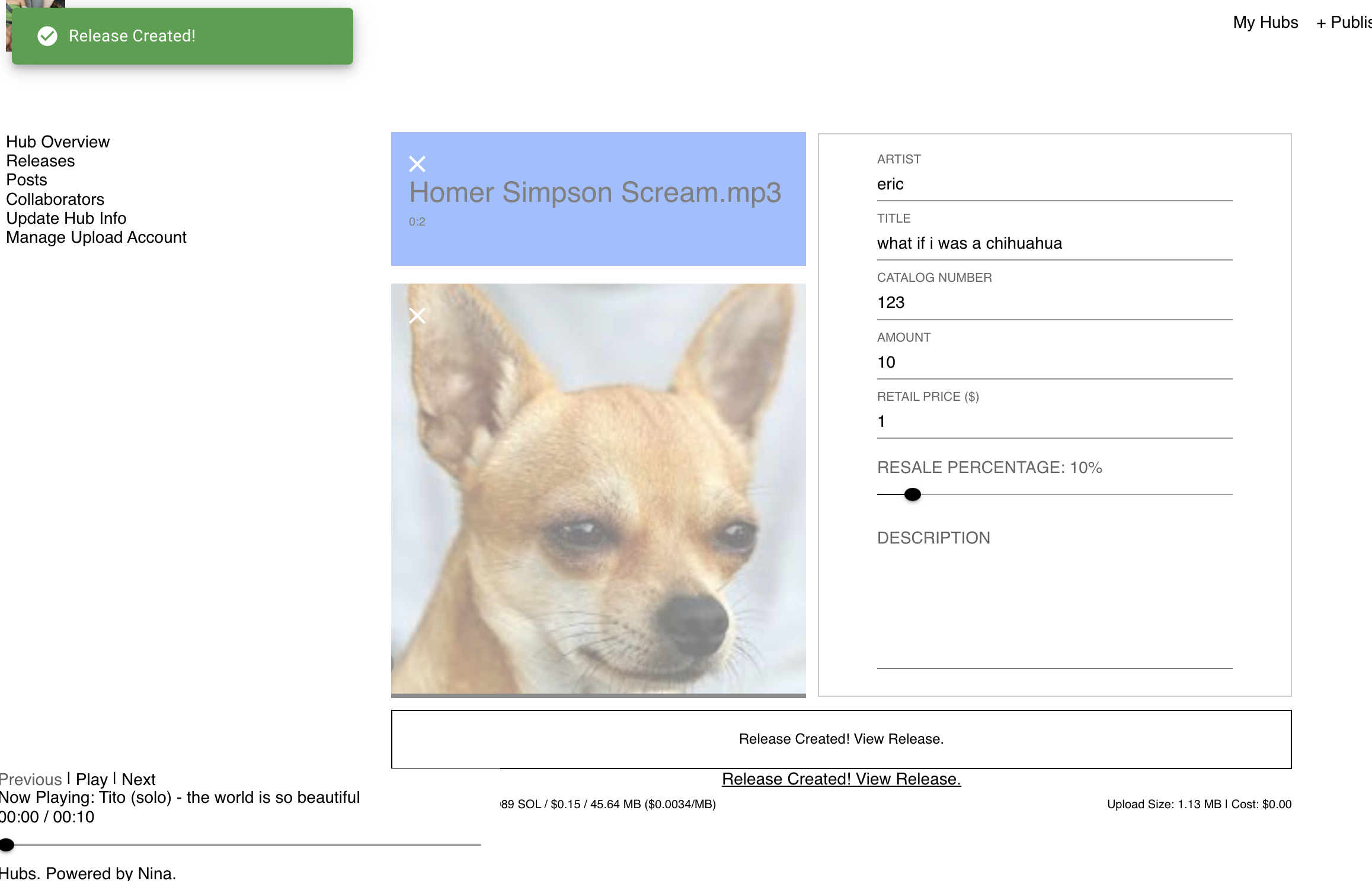 HUBS - 'release created' appears below updated button text · Issue #580 · nina-protocol/nina ...