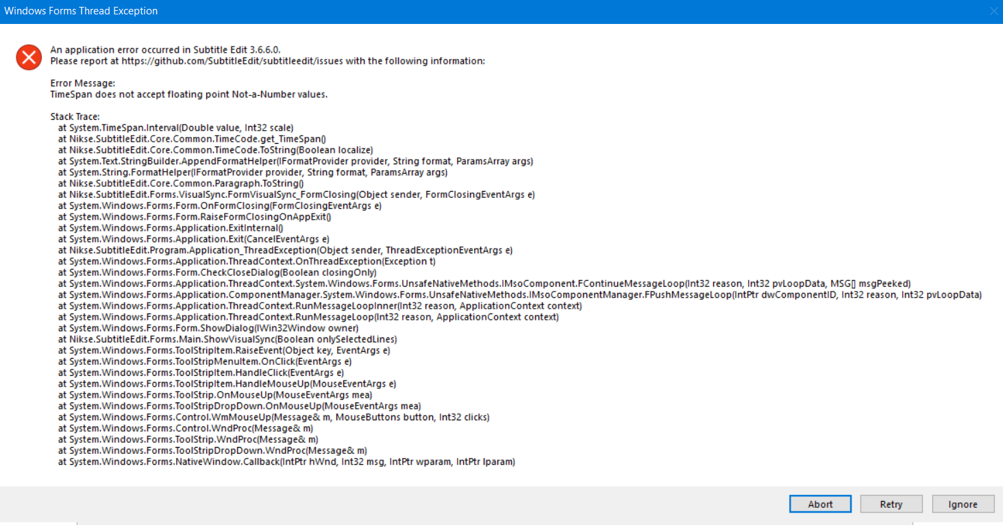 [3.6.6] (Low priority) Bug: Subtitle Edit semi-crashes when using Visual Sync on same subtitle ...