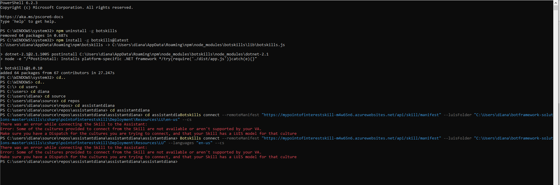 There was an error while connecting the Skill to the Assistant: Error: Some of the cultures ...