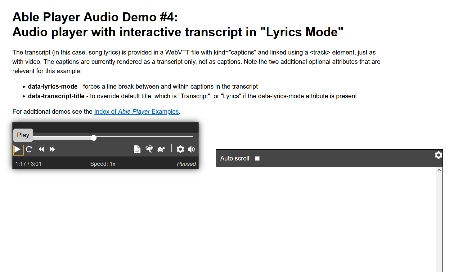 Issue with Audio Demo #4 (Audio player with interactive transcript in "Lyrics Mode") - No ...