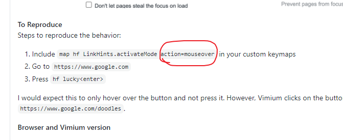 Hovering over a link does not work as described in the wiki · Issue #3741 · philc/vimium · GitHub