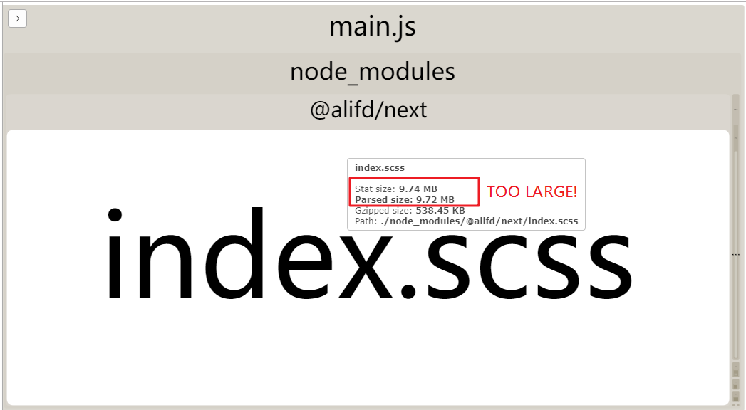 importing @alifd/next/index.scss through scss-loader makes output size very large (~10MB ...