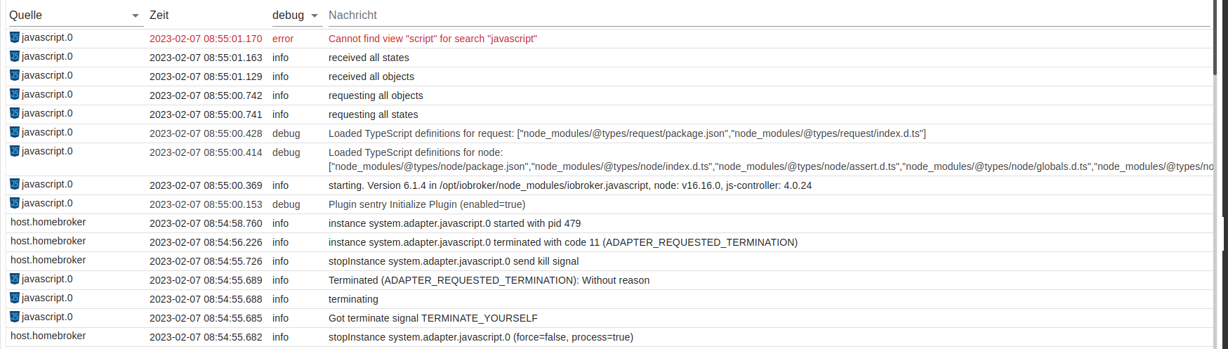 Adapter Javascript not starting any more, message: Cannot find view "script" for search ...
