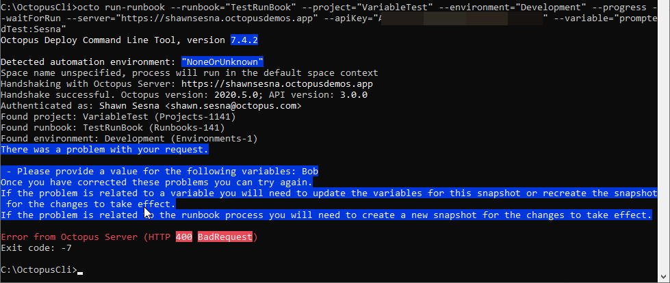 run-runbook not accepting --variable flag · Issue #6675 · OctopusDeploy/Issues · GitHub