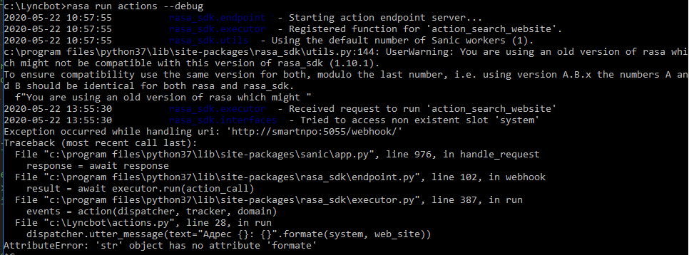 Run actions command hangs on string "Using the default number of Sanic workers (1)." · Issue ...