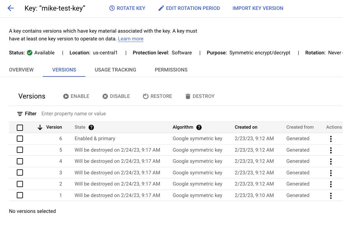 Experiment manually rotating, disabling, and destroying Google Cloud Key Management Service ...
