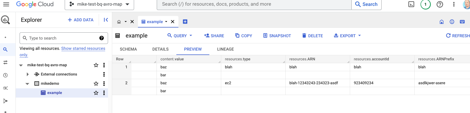 Example Avro schema with map and record types publishing to BigQuery table using Pub/Sub ...