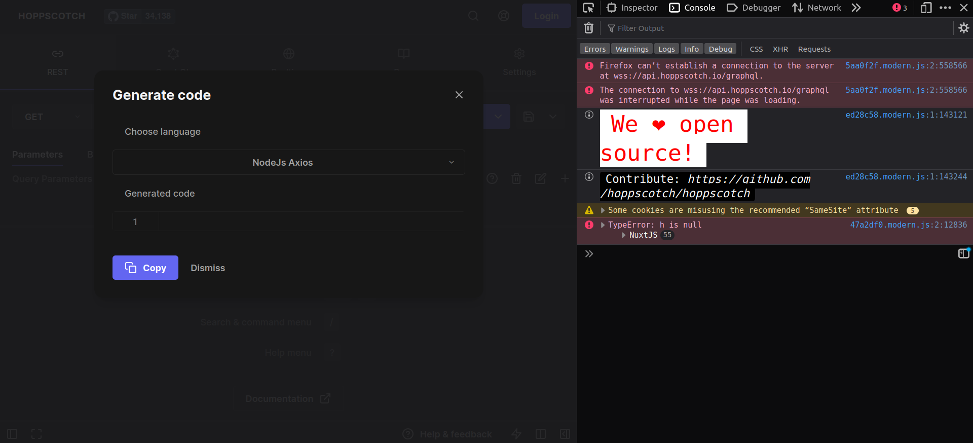 [bug]: Generate code throws error for some language · Issue #1979 · hoppscotch/hoppscotch · GitHub