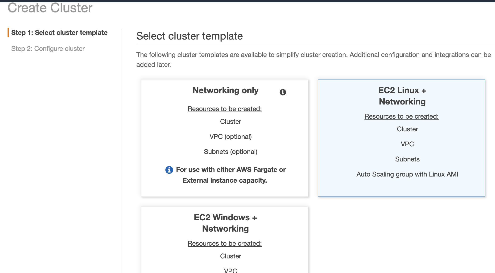 ECS: "Create Cluster", "Create Service", "Create Task Definition ...