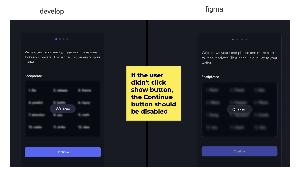 Create wallet - Continue button should be disabled until seedphrase gets revealed · Issue #47 ...