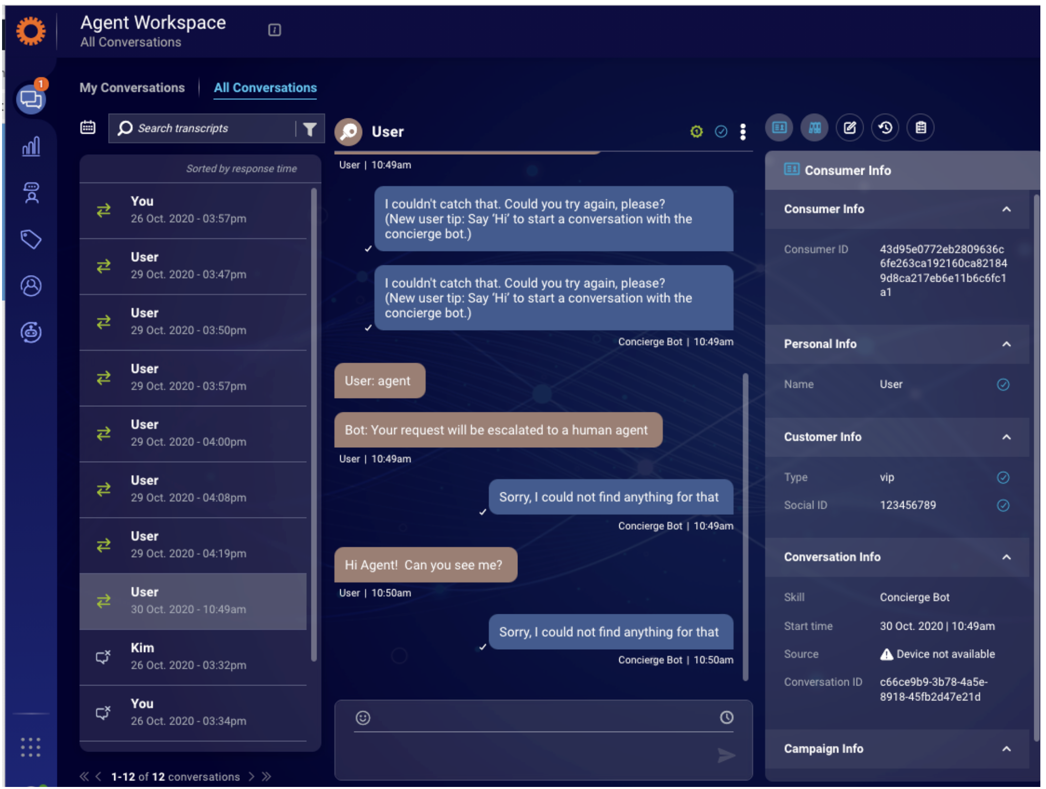 Unable to see messages sent from Live Person Agent to Bot User using ...