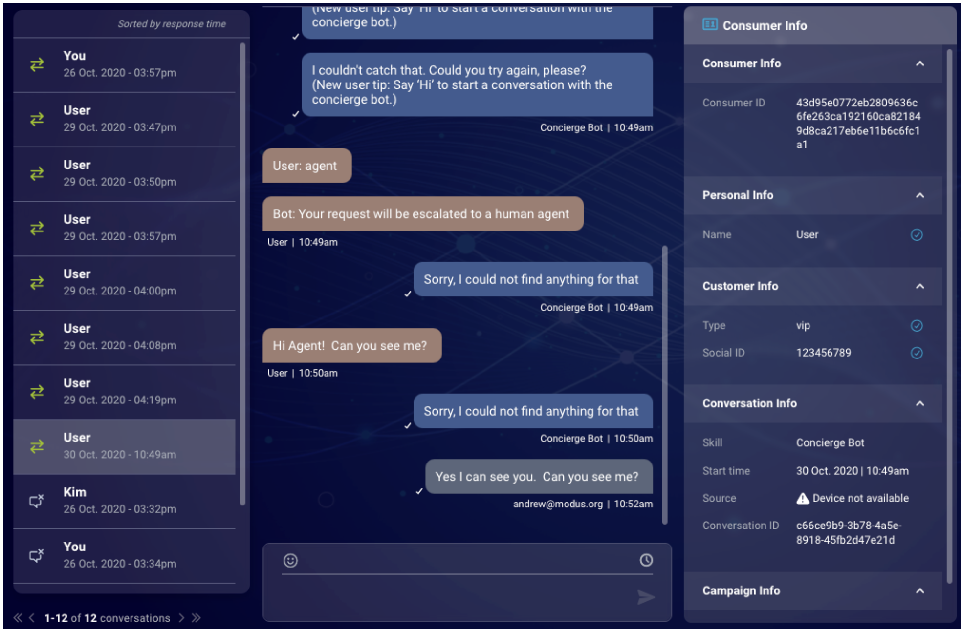 Unable to see messages sent from Live Person Agent to Bot User using ...