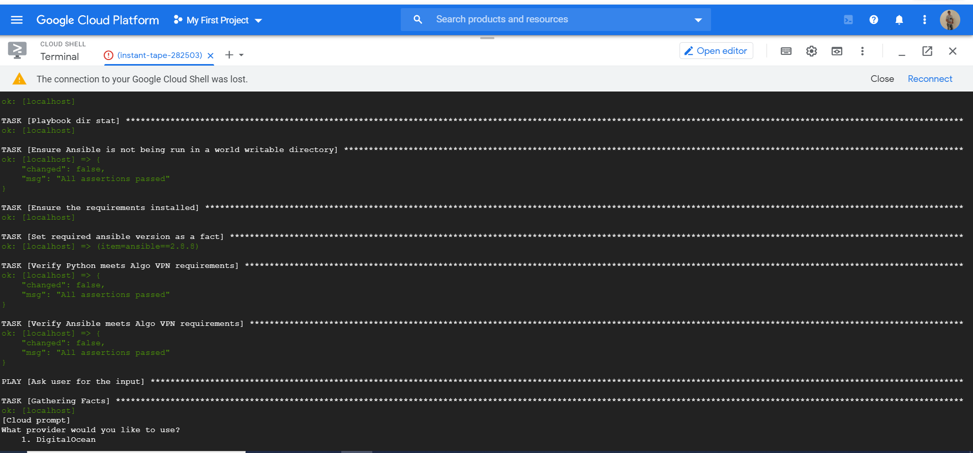 Error installing when using GCE JSOn file · Issue #1839 · trailofbits/algo · GitHub