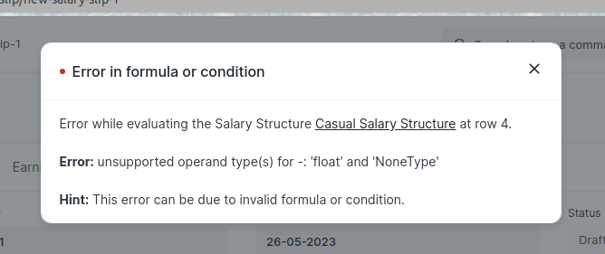 Unsupported operand type error when adding/subtracting salary component values based on formula ...