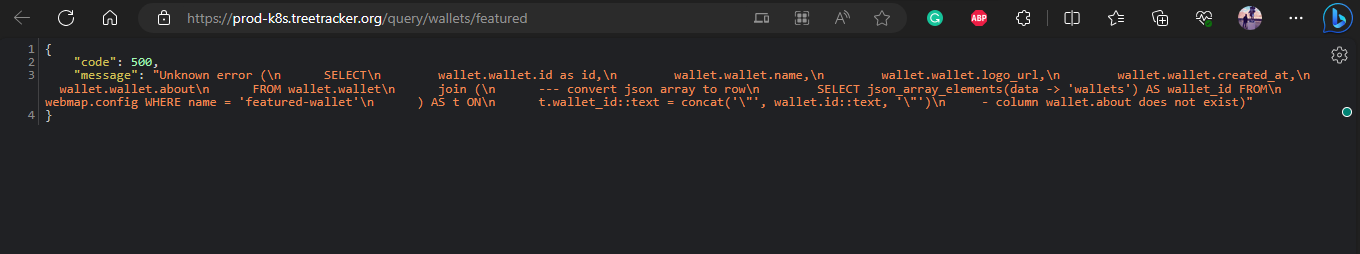500 error in https://prod-k8s.treetracker.org/query/wallets/featured · Issue #347 · Greenstand ...