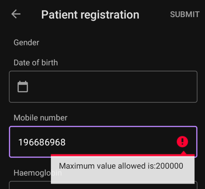 Incorrect Max and Min value in mobile number · Issue #551 · google/android-fhir · GitHub