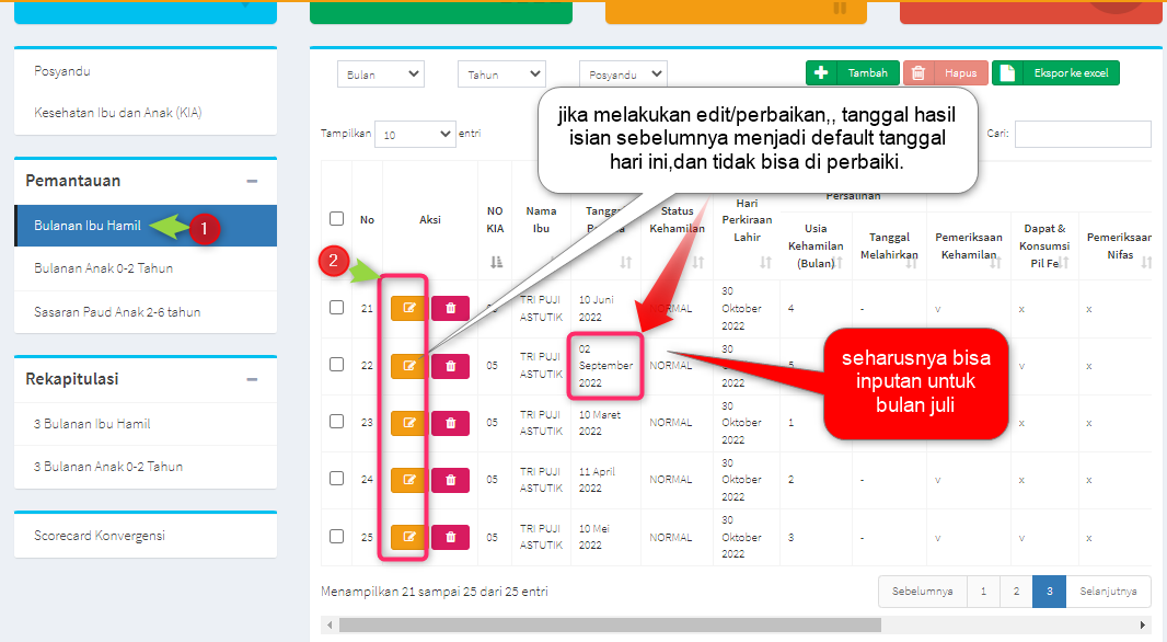 Bug/error: bulanan ibu hamil,, setelah edit tanggal inputnya berubah ke ...