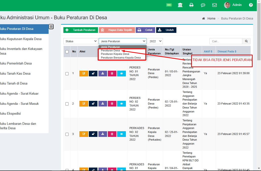 Bug/error: Tidak bisa filter jenis peraturan desa · Issue #6529 · OpenSID/OpenSID · GitHub