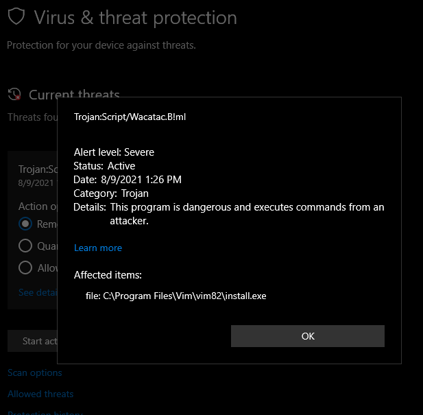 Upon update of vim.vim package Windows Defender automatic quick scan detects "Trojan:Script ...