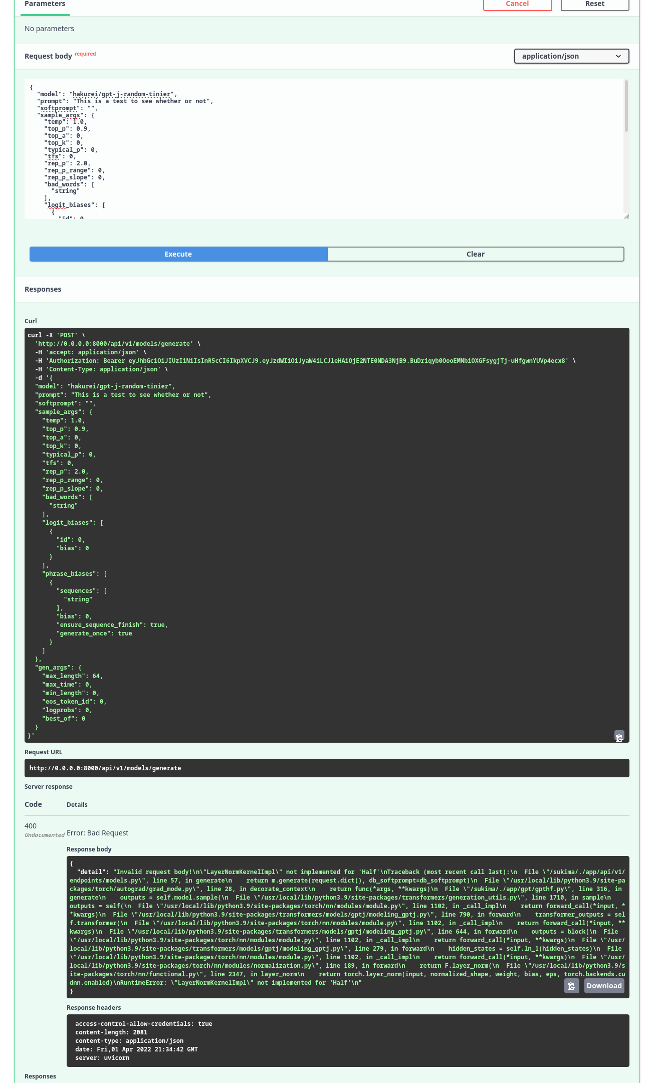 400 Bad Request ("LayerNormKernelImpl" not implemented for 'Half') · Issue #29 · hitomi-team ...