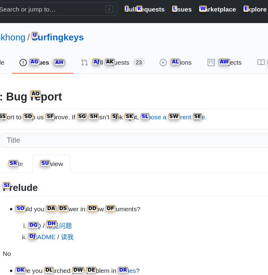 Surfingkeys visual highlighting hints not visible and compressed above view port line whilst ...
