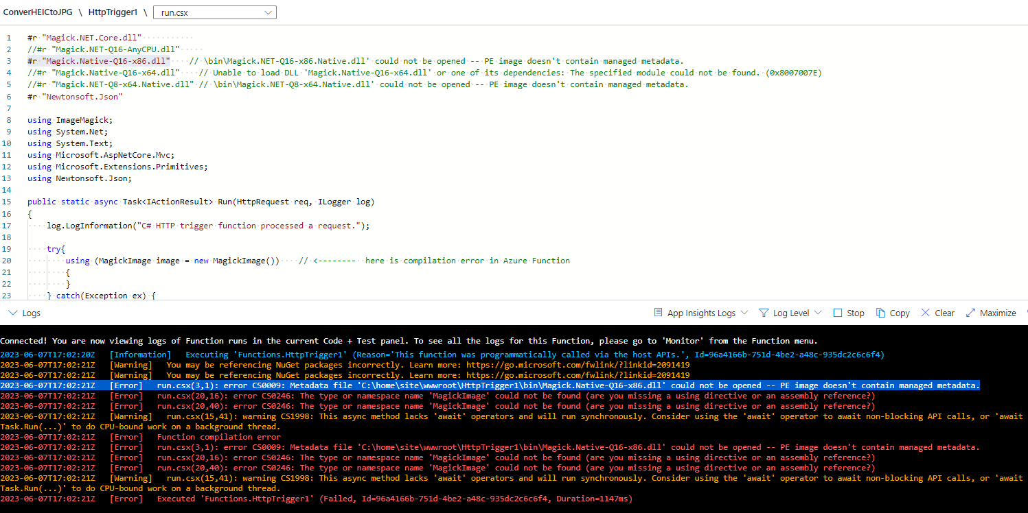 How to use MagickImage in C# Azure Function? Reference errors related with Magick.Native-Q16-x ...