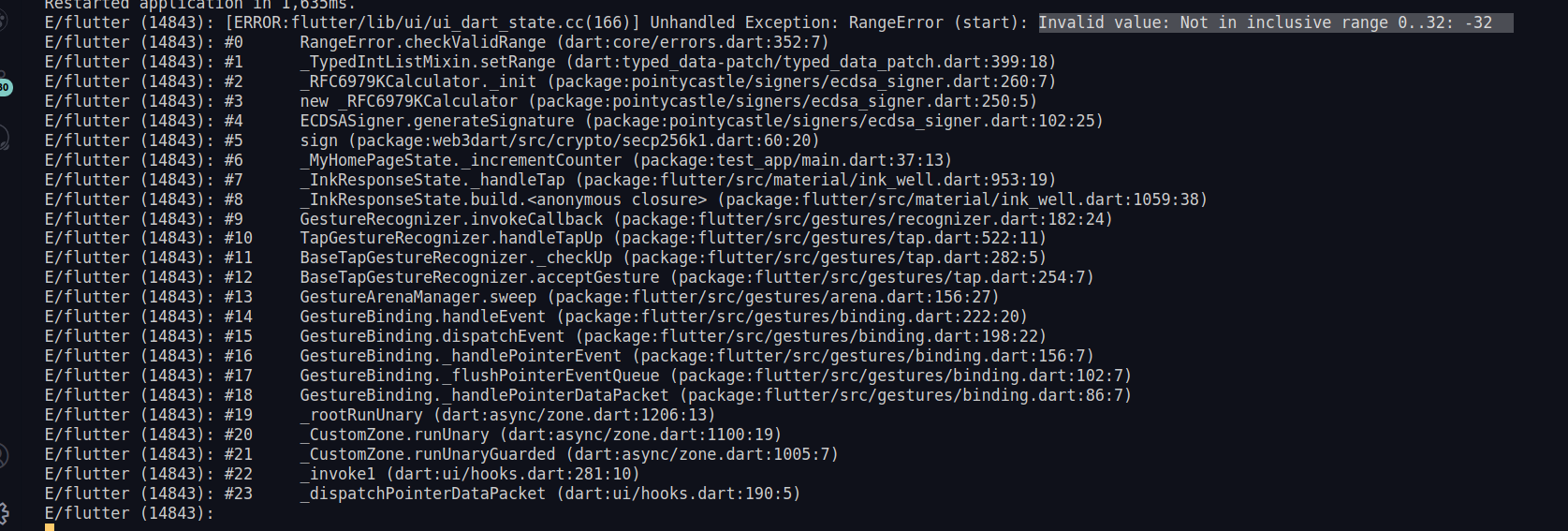 Sign function of crypto class throws an error. Saying "I/flutter (14843): RangeError (start ...