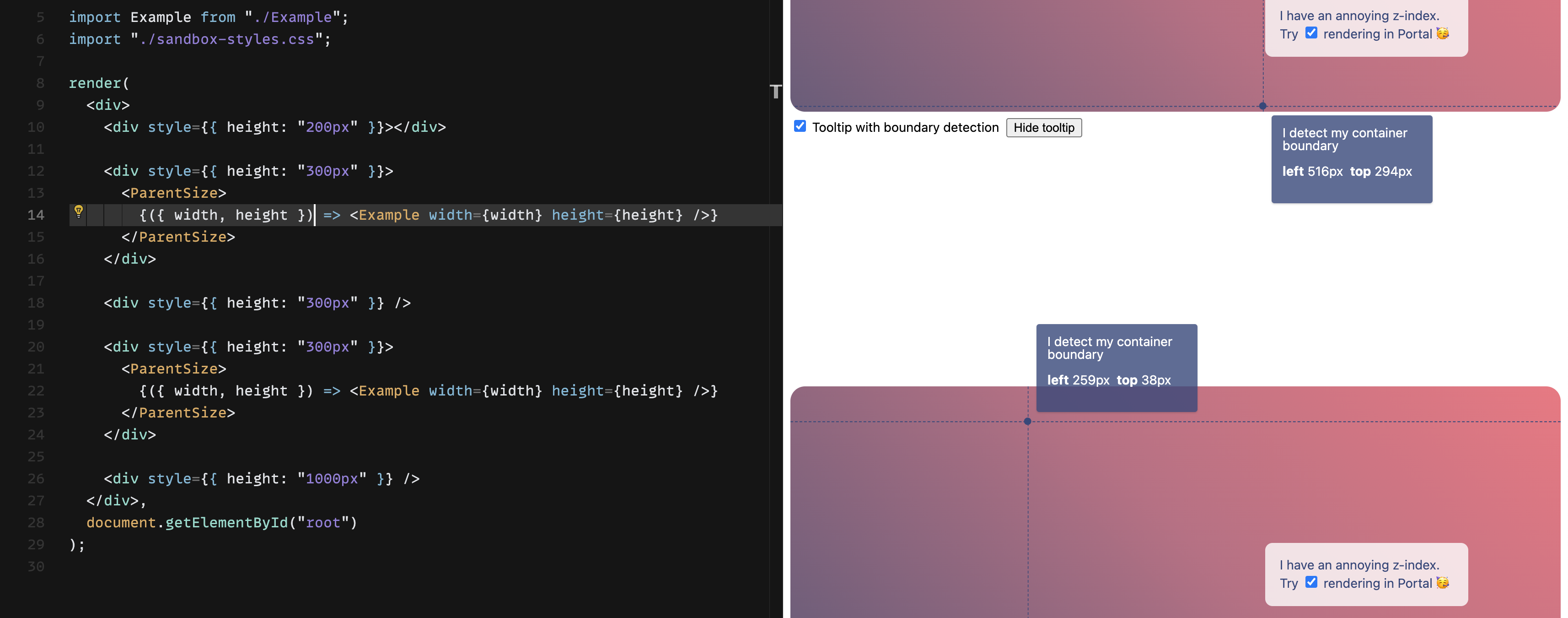 TooltipInPortal with bound detection changes its behaviour during ...