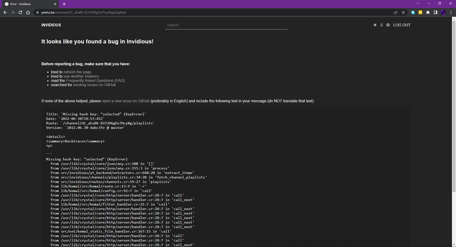 [Bug] Missing hash key: "selected" (KeyError) · Issue #3172 · iv-org ...