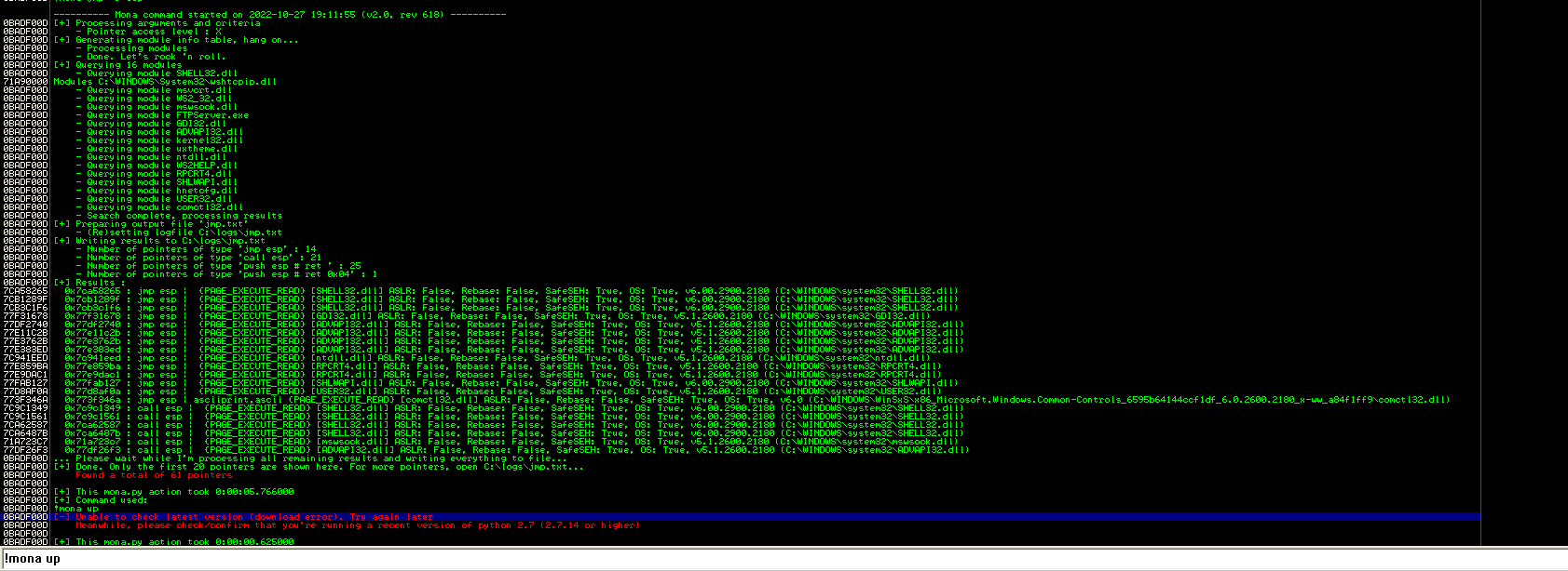 jmp esp error Windows XP · Issue #60 · corelan/mona · GitHub