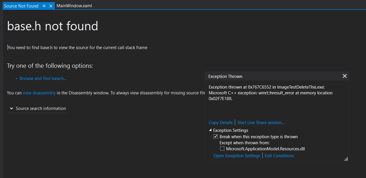 Setting an image source to a file in the app's directory causes a base.h not found exception ...