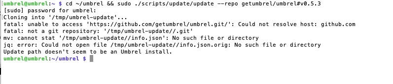 Error when running the following from iMac Terminal: cd ~/umbrel && sudo ./scripts/update/update ...